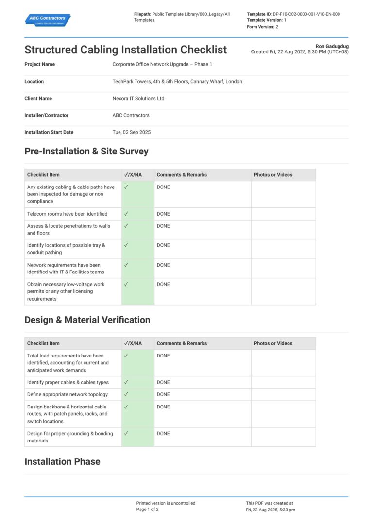 Structured Cabling Installation Checklist - PDF Plan, Guide & Tips