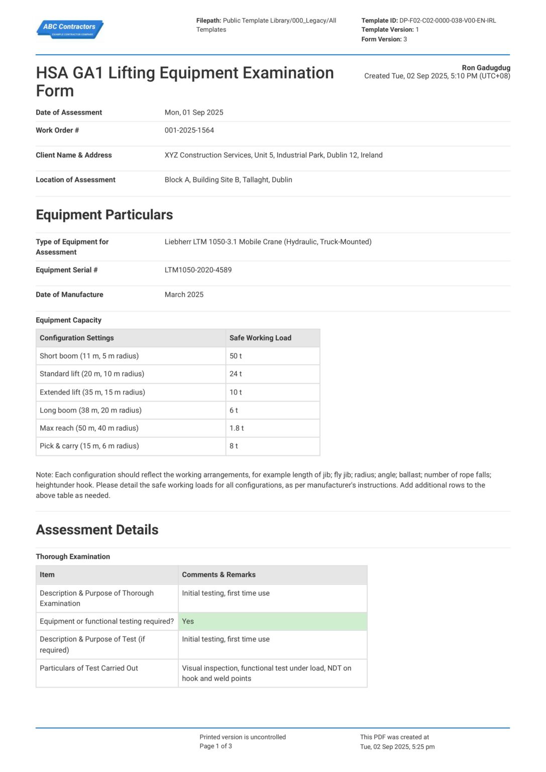 HSA GA1 Form: Lift Assessment Form Template - Free Safety PDF