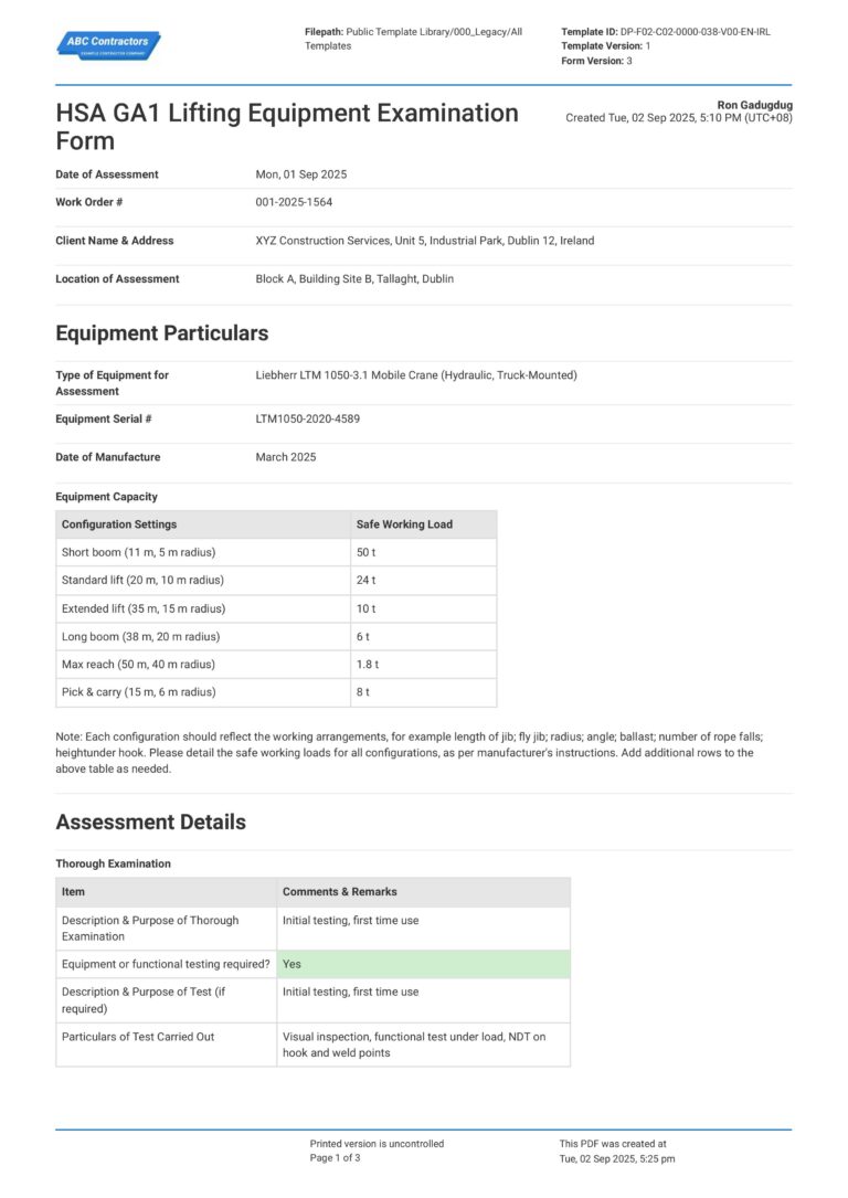 HSA GA1 Form: Lift Assessment Form Template - Free Safety PDF