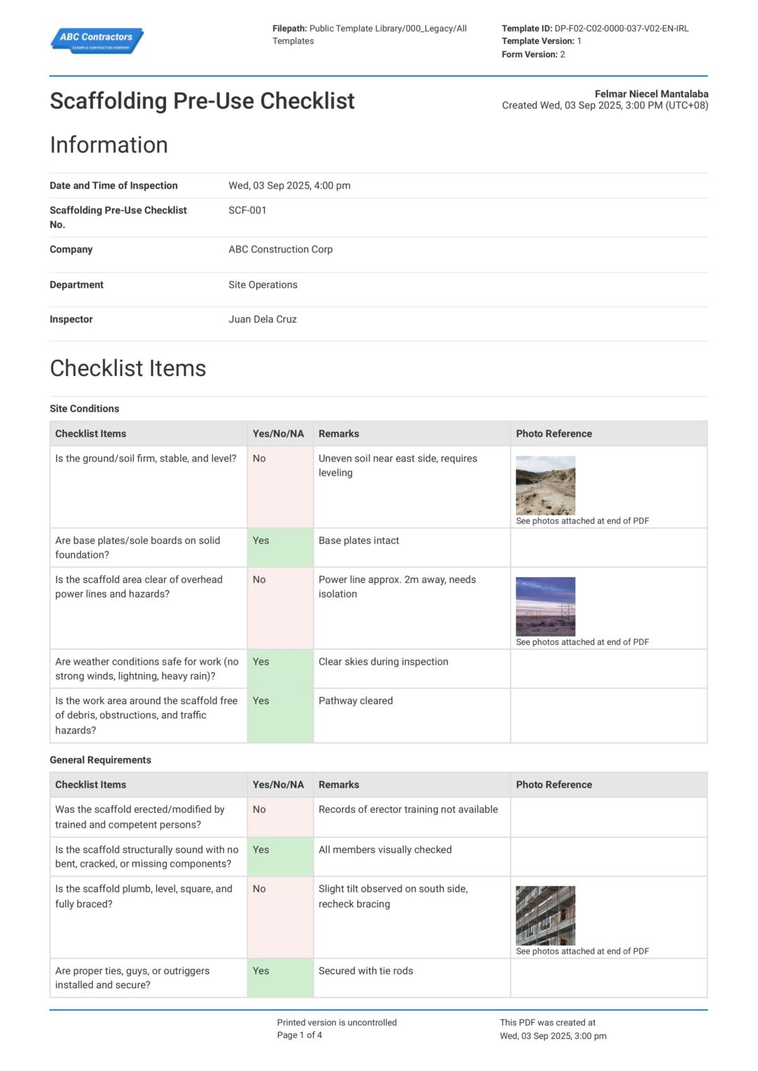 Scaffold Tower Pre-Use Checklist Template - Free Inspection Form