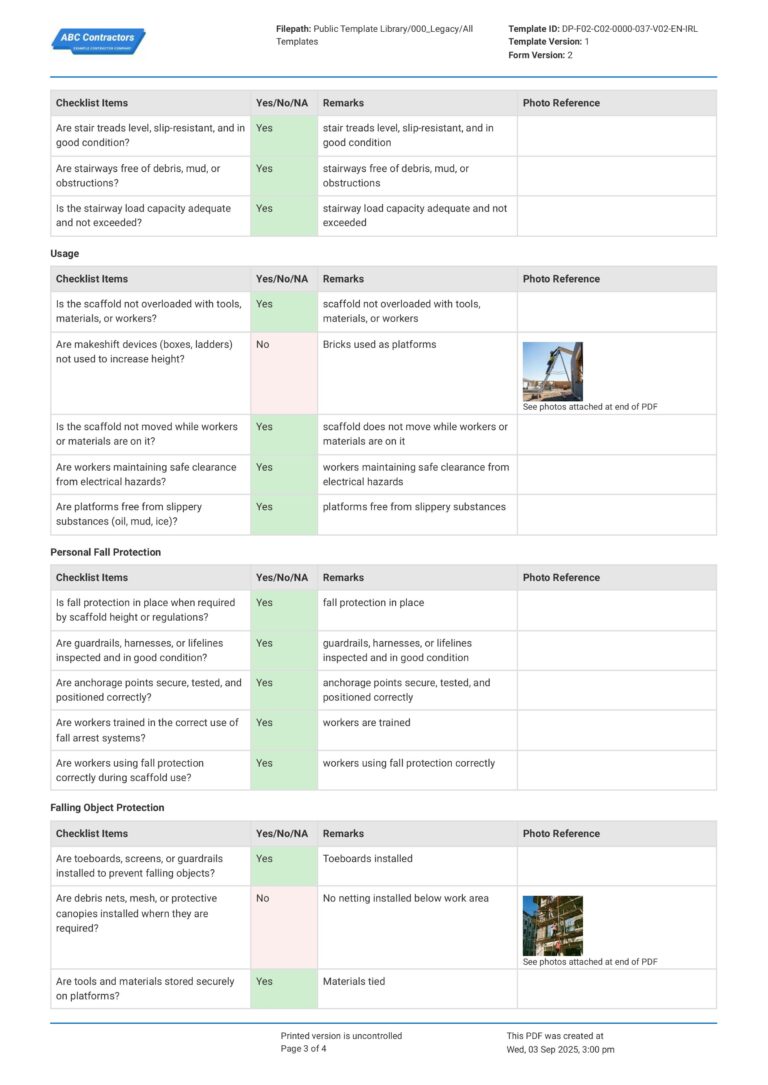 Scaffold Tower Pre-Use Checklist Template - Free Inspection Form