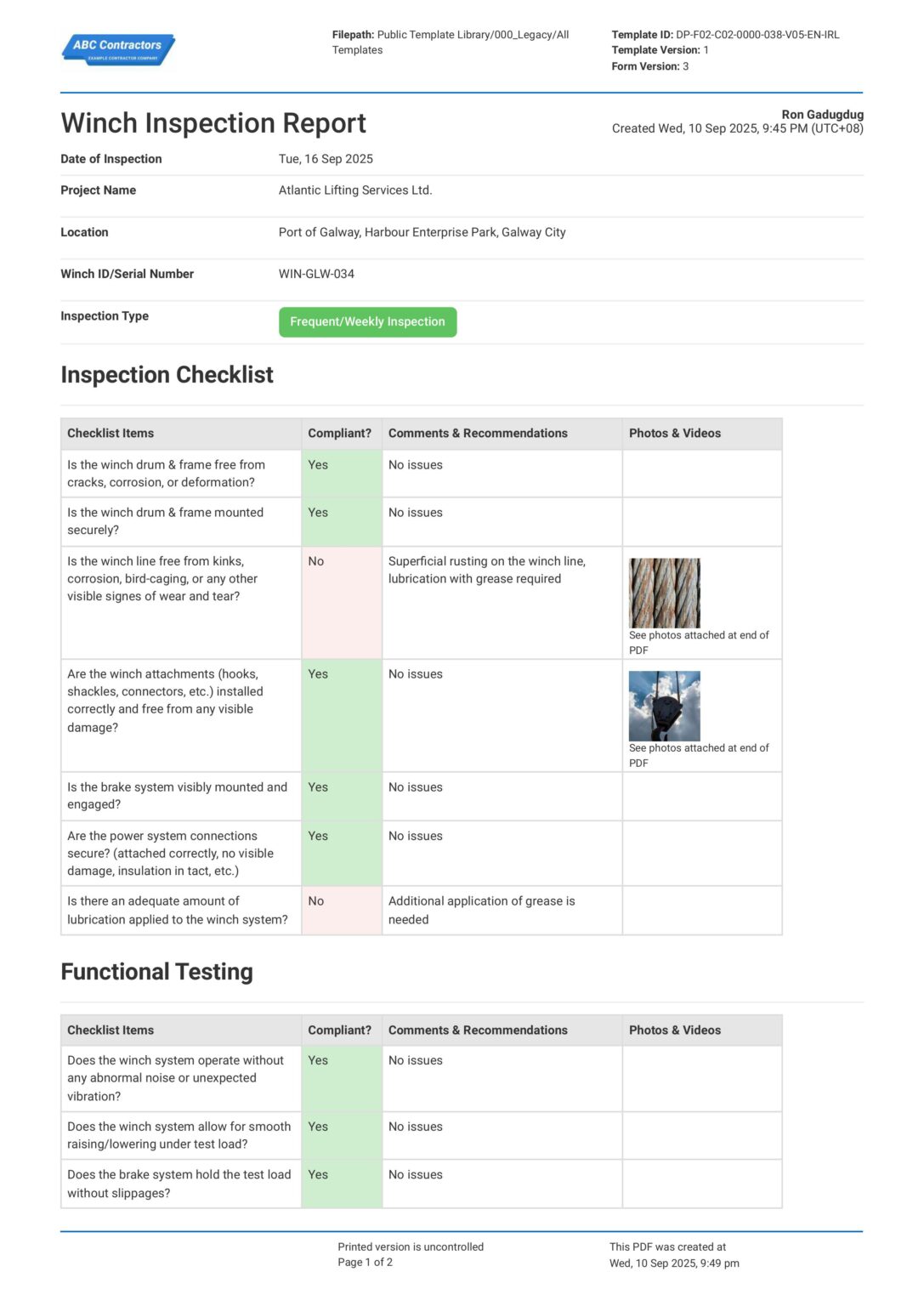 Winch Inspection Checklist Template - Machine Safety Form PDF