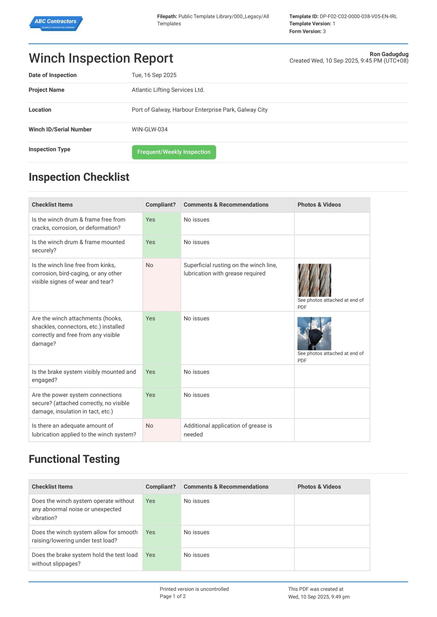 Winch Inspection Checklist Template - Machine Safety Form PDF