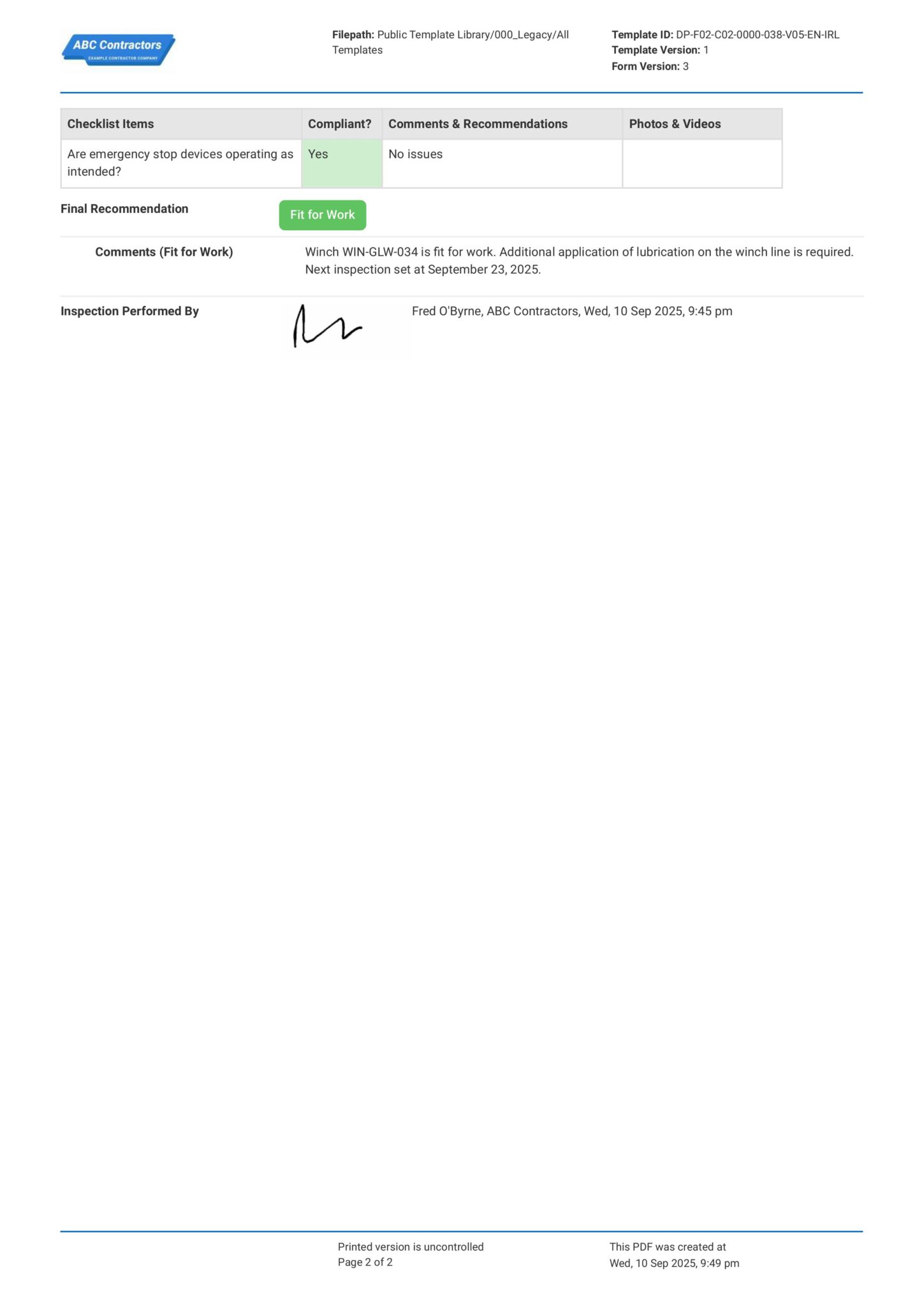 Winch Inspection Checklist Template - Machine Safety Form PDF