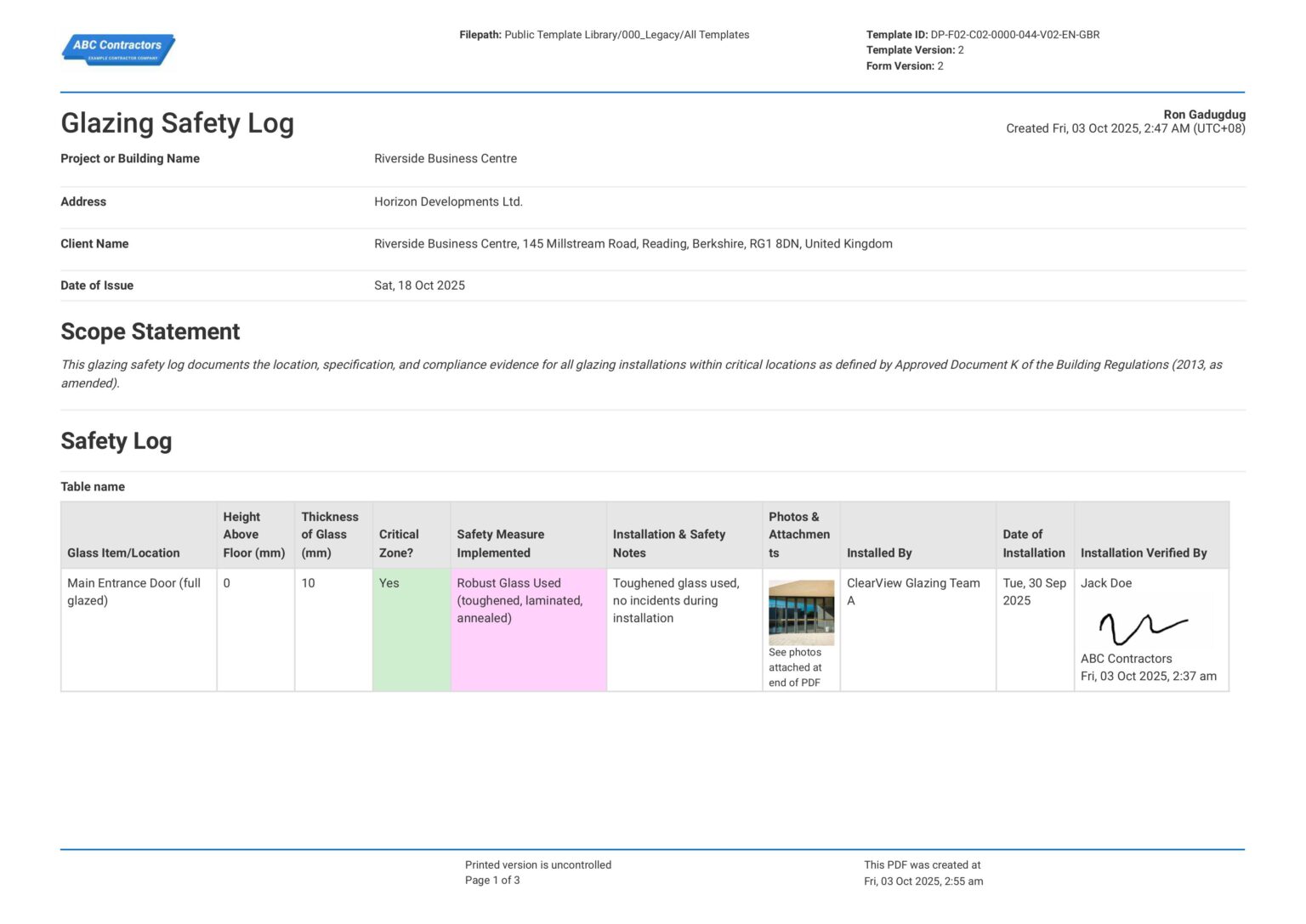 Glazing Safety Log - Safety Requirements Form Approved Doc K