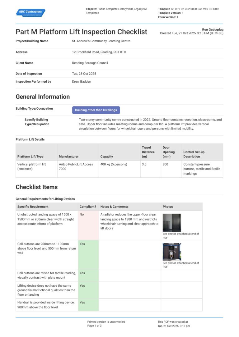 Part M Platform Lift Inspection Checklist Template - Example Form