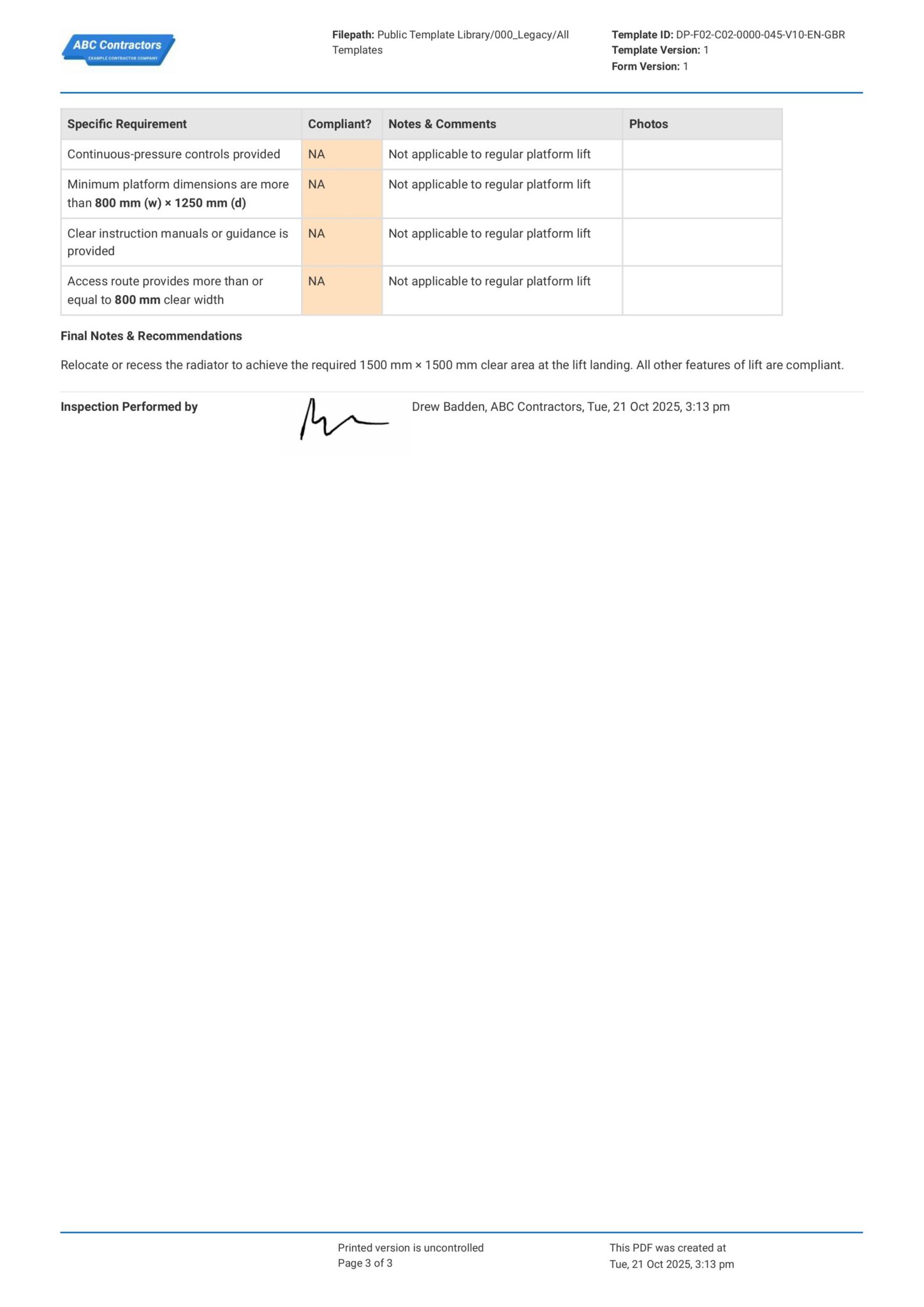 Part M Platform Lift Inspection Checklist Template - Example Form