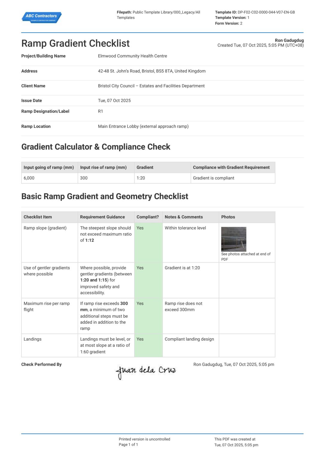 Ramp Gradient Checklist Template - Guide, Requirements PDF