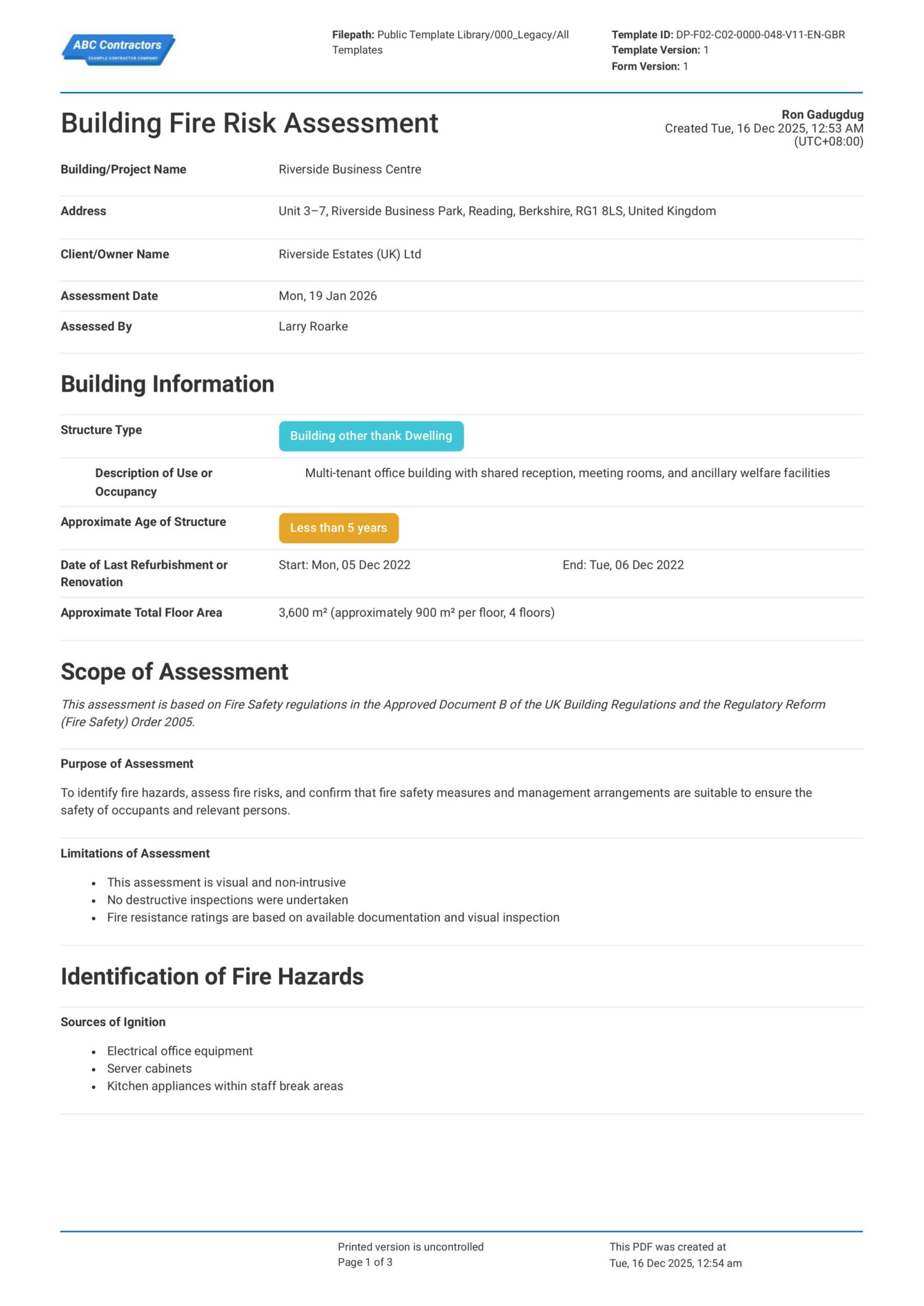 Building Fire Risk Assessment - Fire Hazards Identification Form