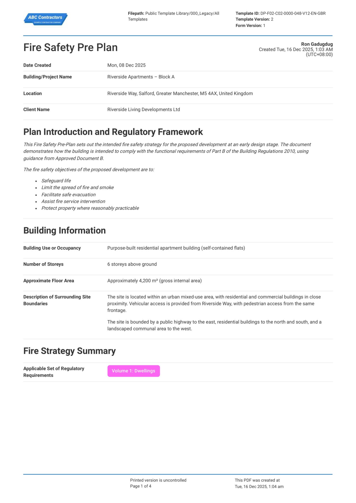 Fire Safety Pre Plan - Prevention Requirements Template Example