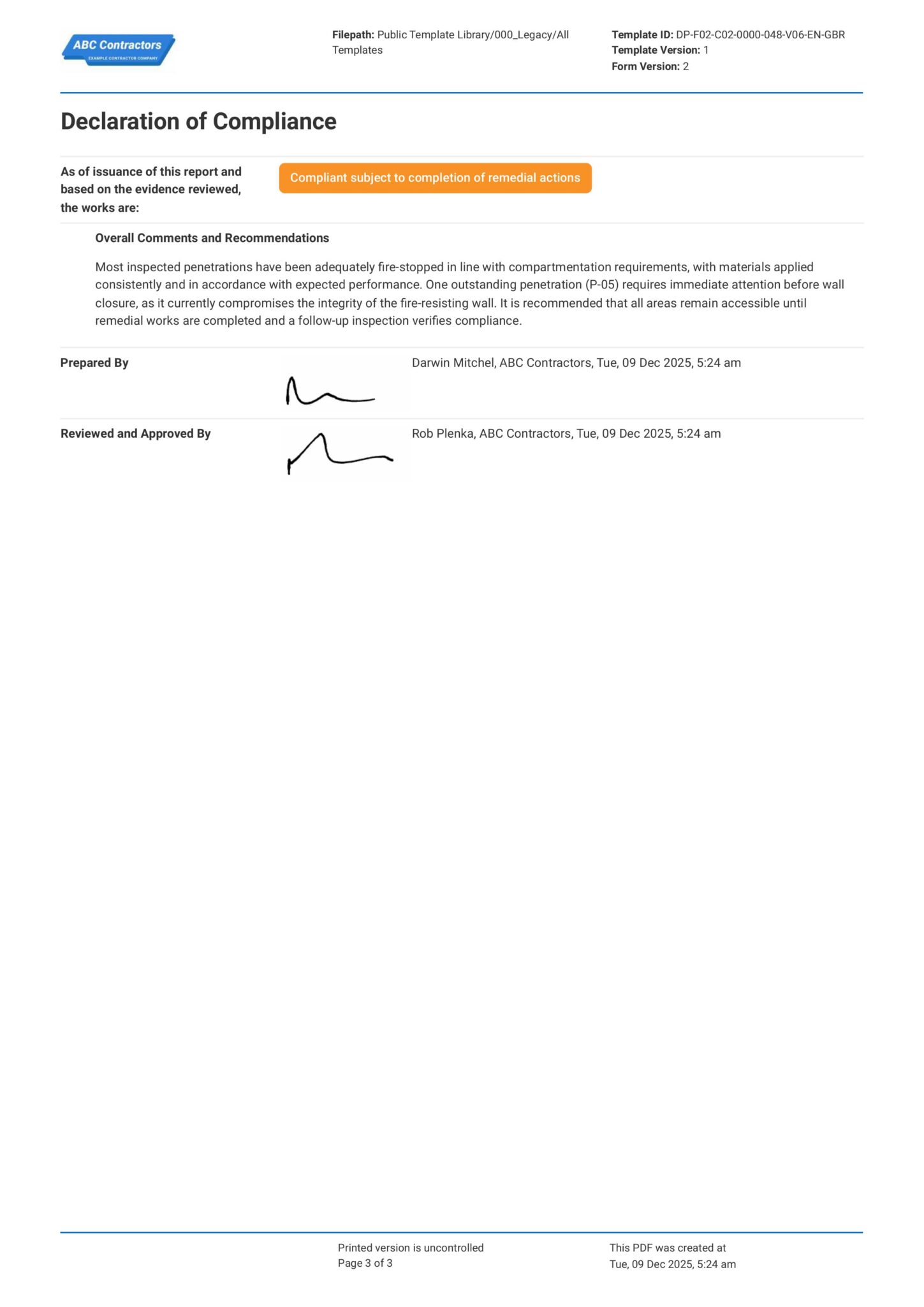 Fire Stopping Inspection Report Template - Fire Safety PDF Form