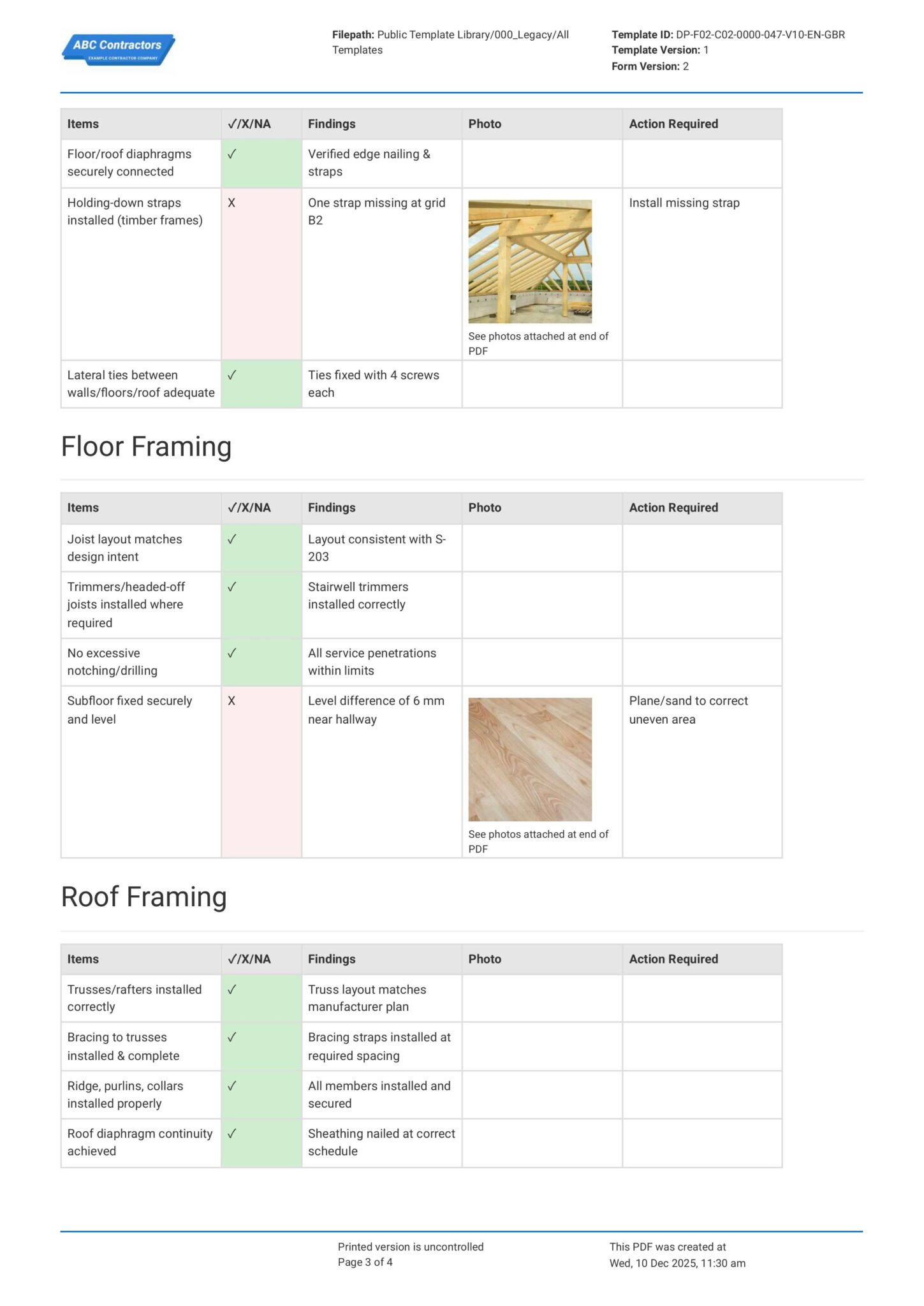 Framing Inspection Checklist-UK Building Standard Requirements