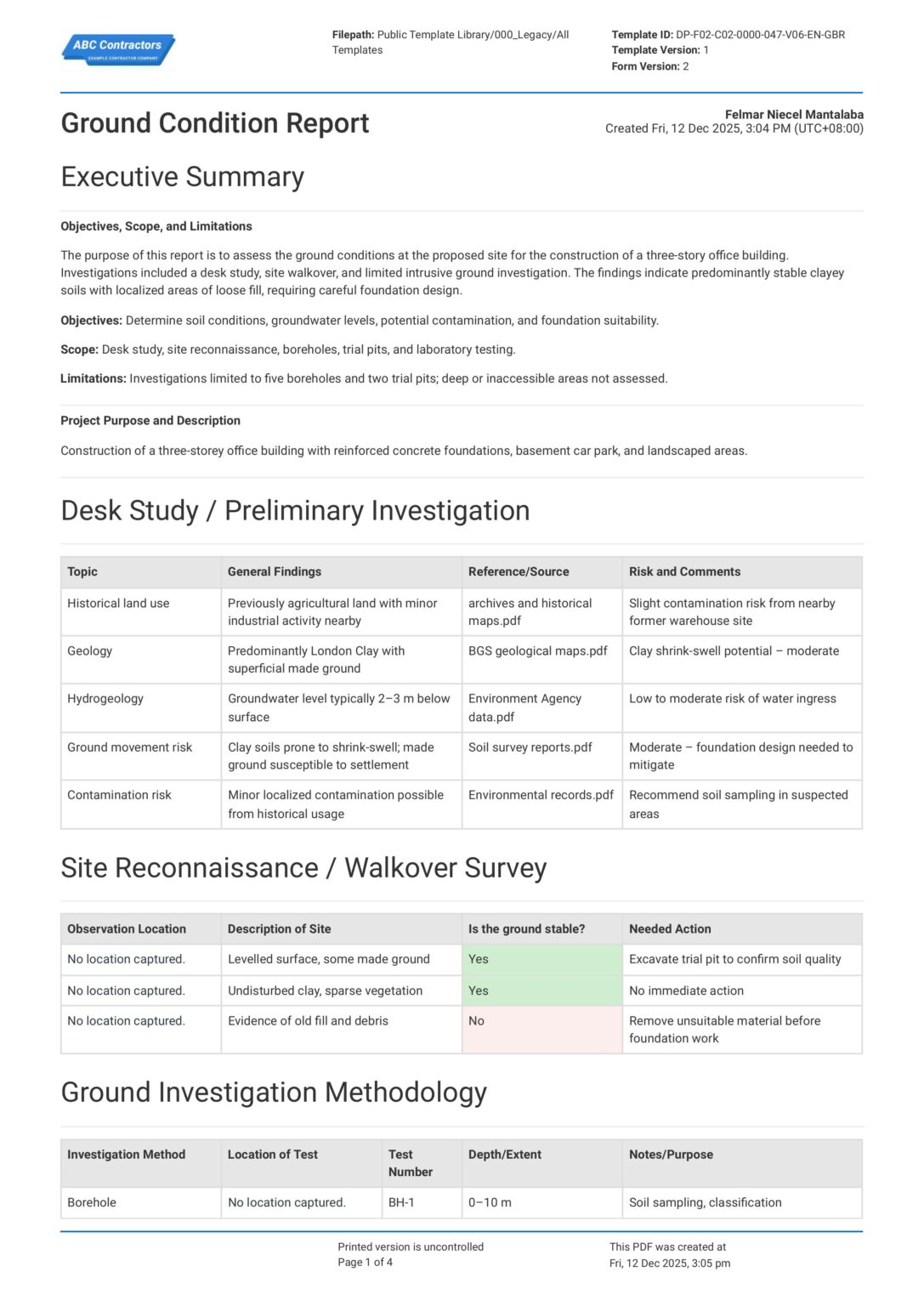 Ground Condition Report—Approved Document A Requirements