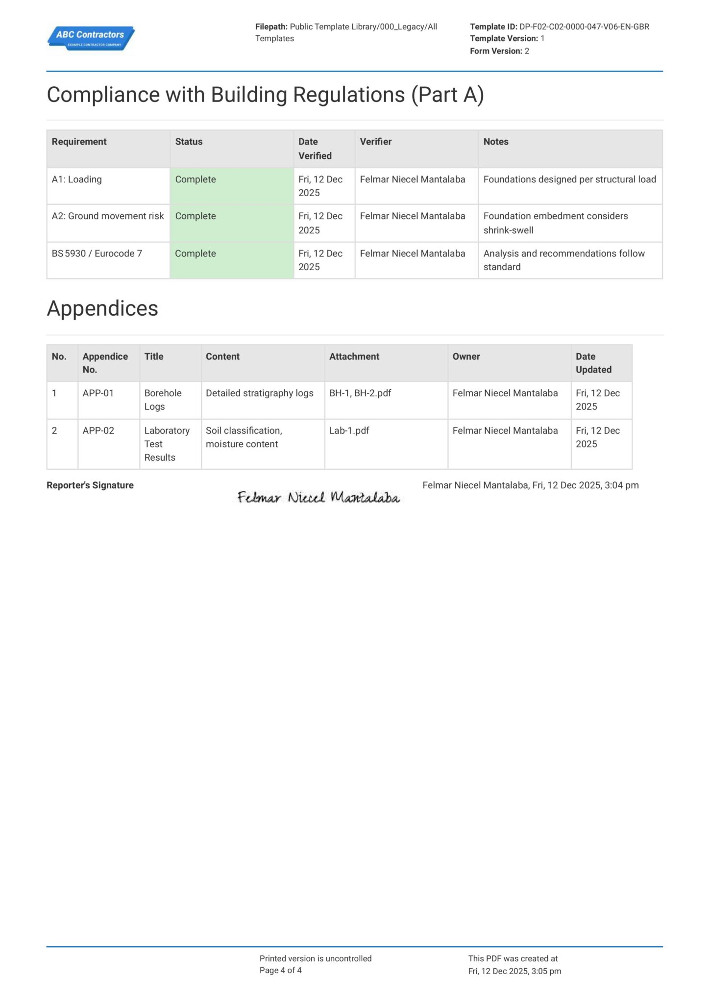 Ground Condition Report—Approved Document A Requirements