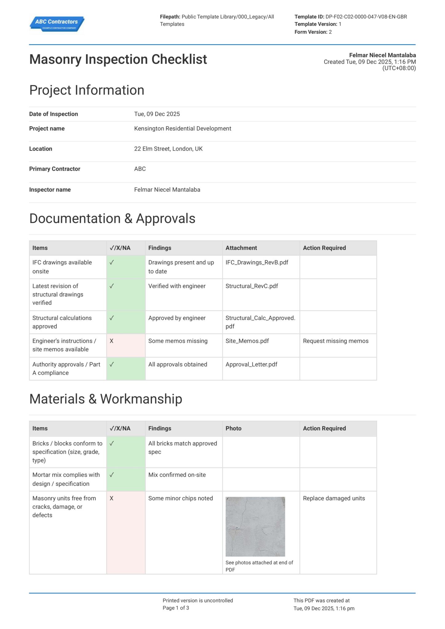 Masonry Inspection Checklist-Part A Quality Control Requirements