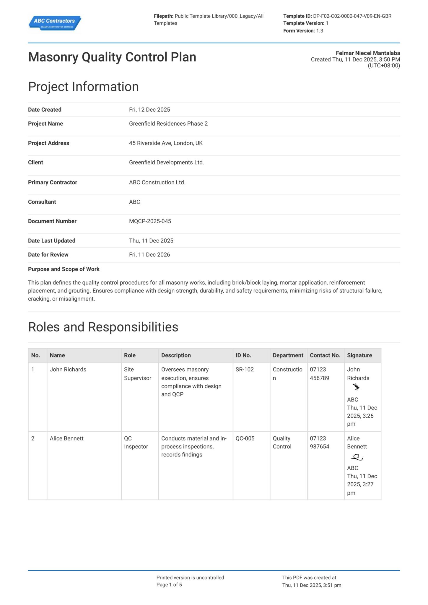 Masonry Quality Control Plan—Standards and Specification Guide