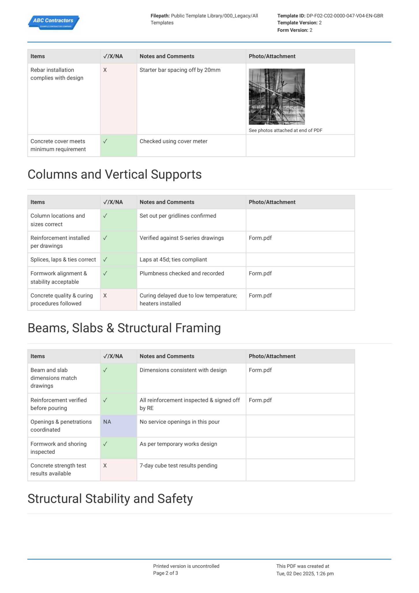 Part A Structural Inspection Checklist - QA Report Requirements