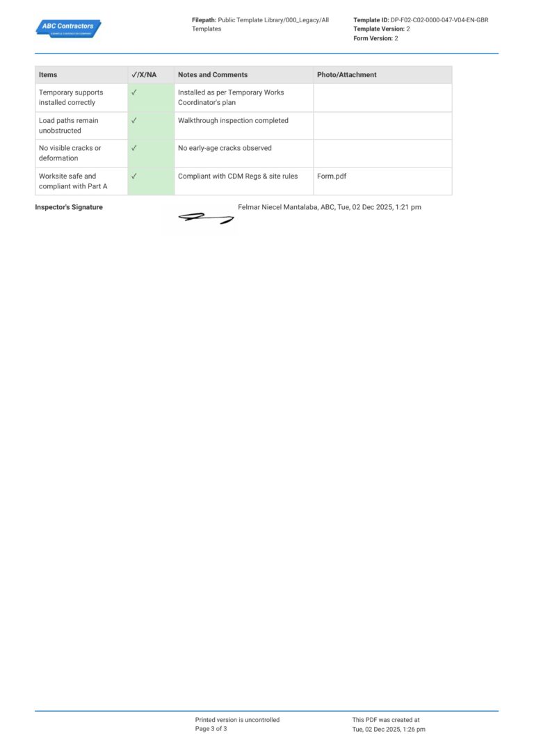 Part A Structural Inspection Checklist - QA Report Requirements