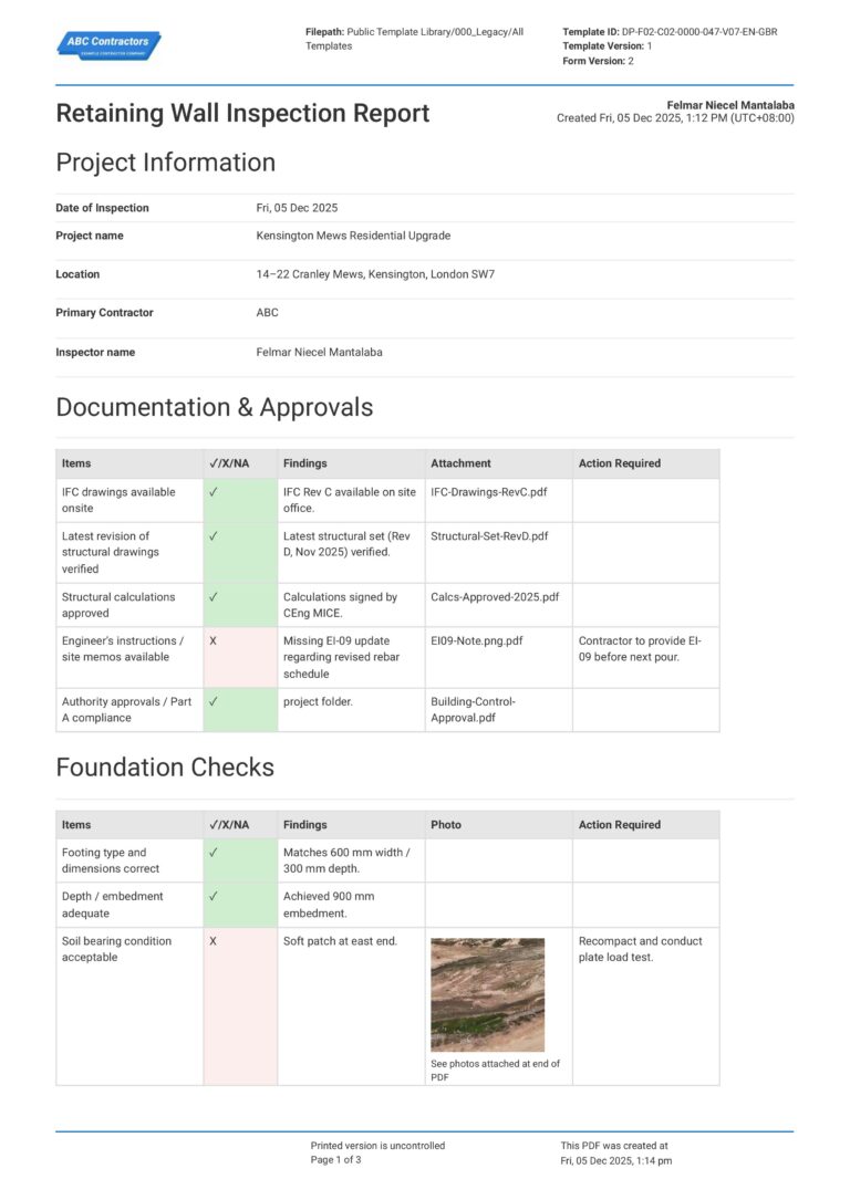 Retaining Wall Inspection Report—Standard Requirements Guide