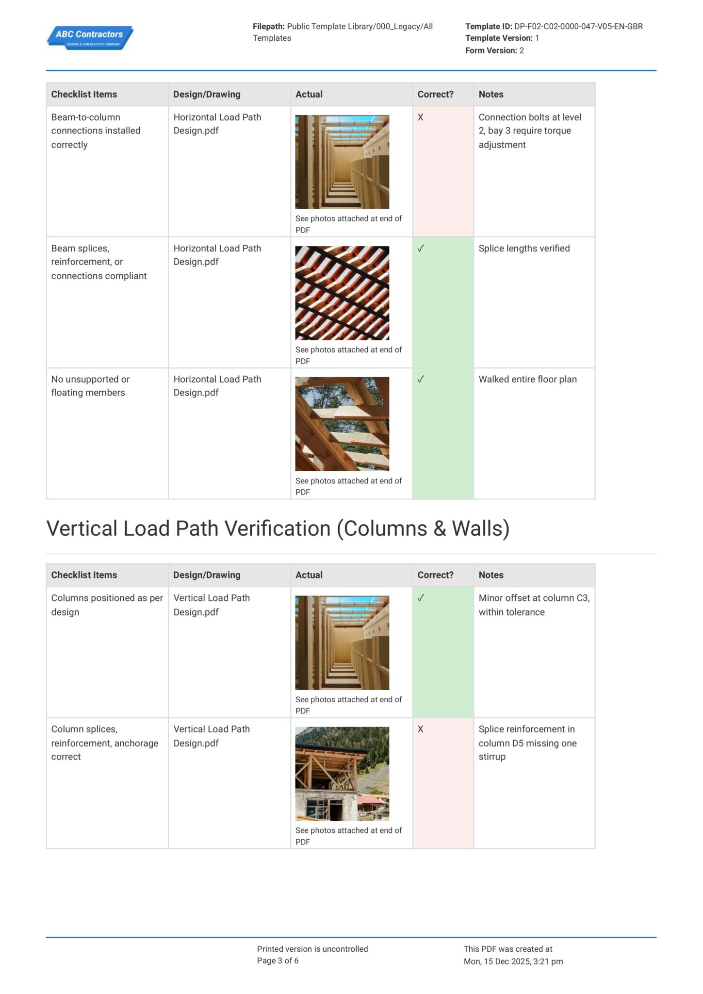 Structural Load Path Verification Checklist - QA/QC assessment