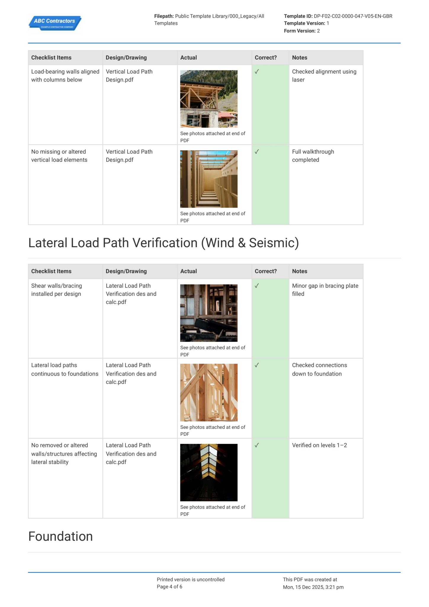 Structural Load Path Verification Checklist - QA/QC assessment