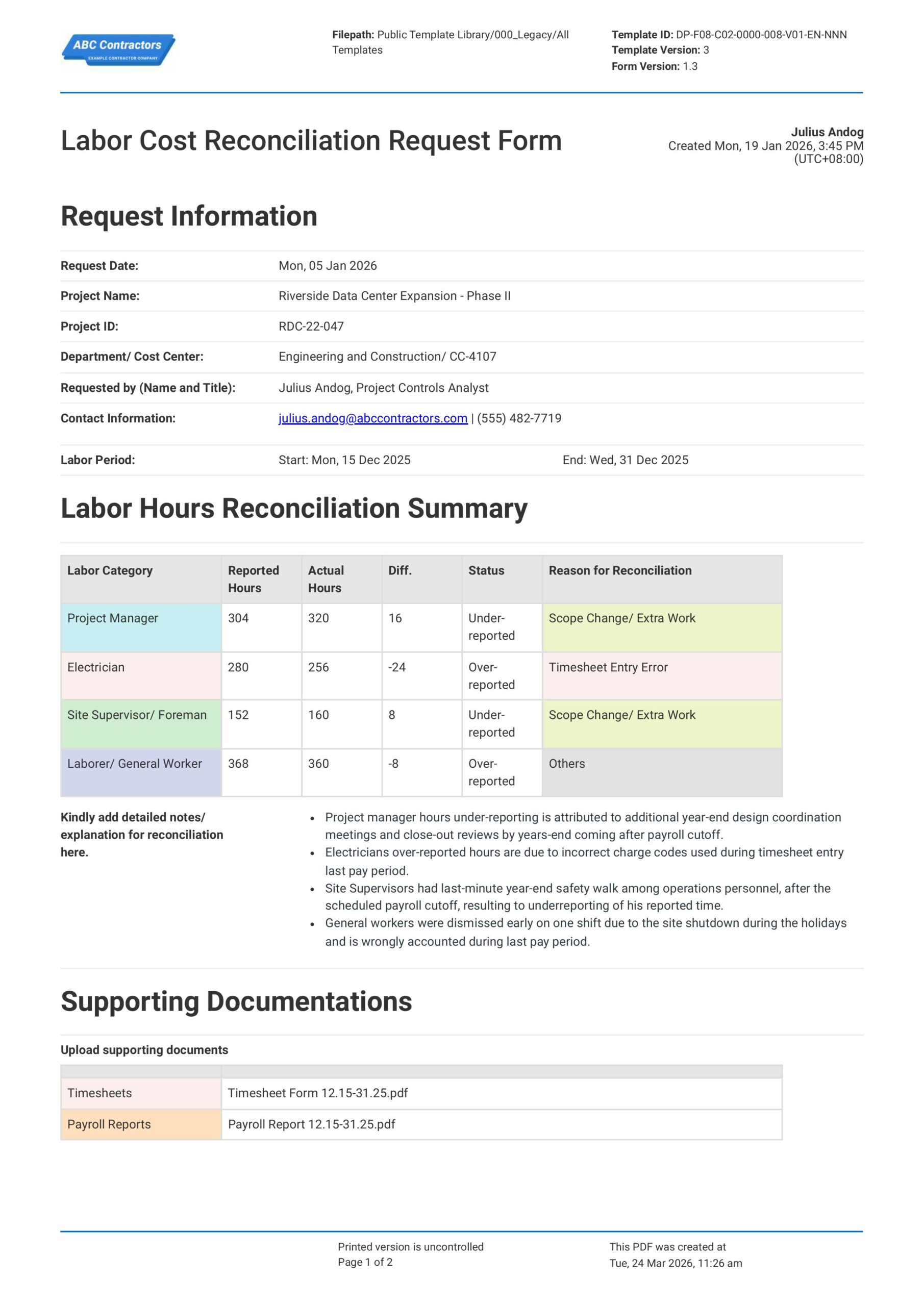 Labor Cost Reconciliation Request Form Template | Sitemate